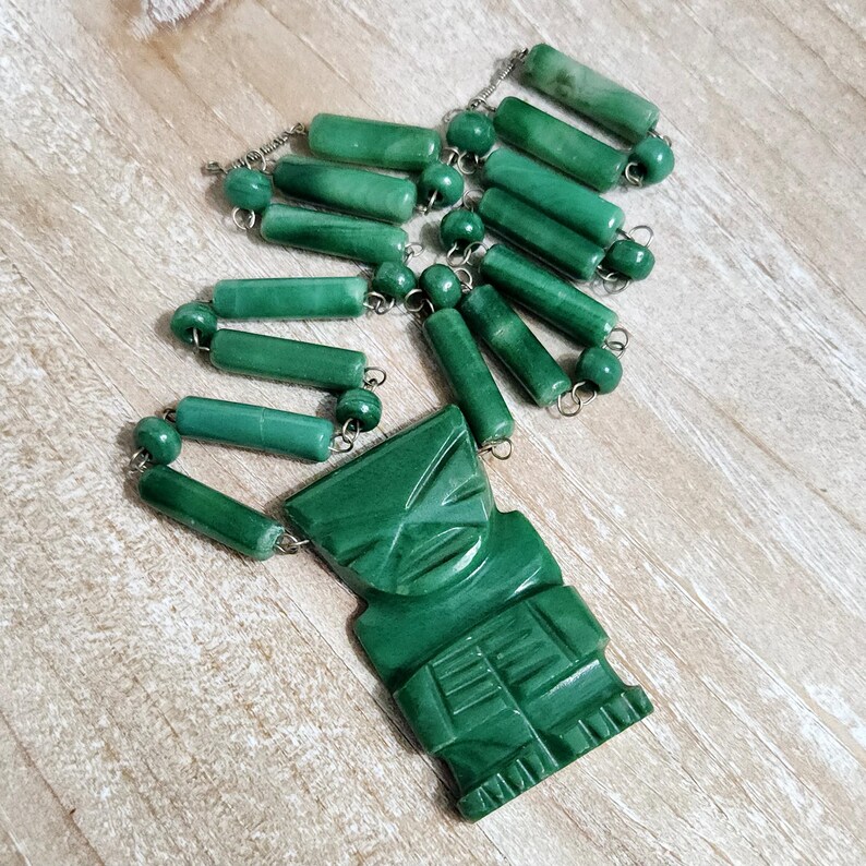Vintage Green Tiki Pendant Necklace: Mid Century Tribal Bead Jewelry - Etsy