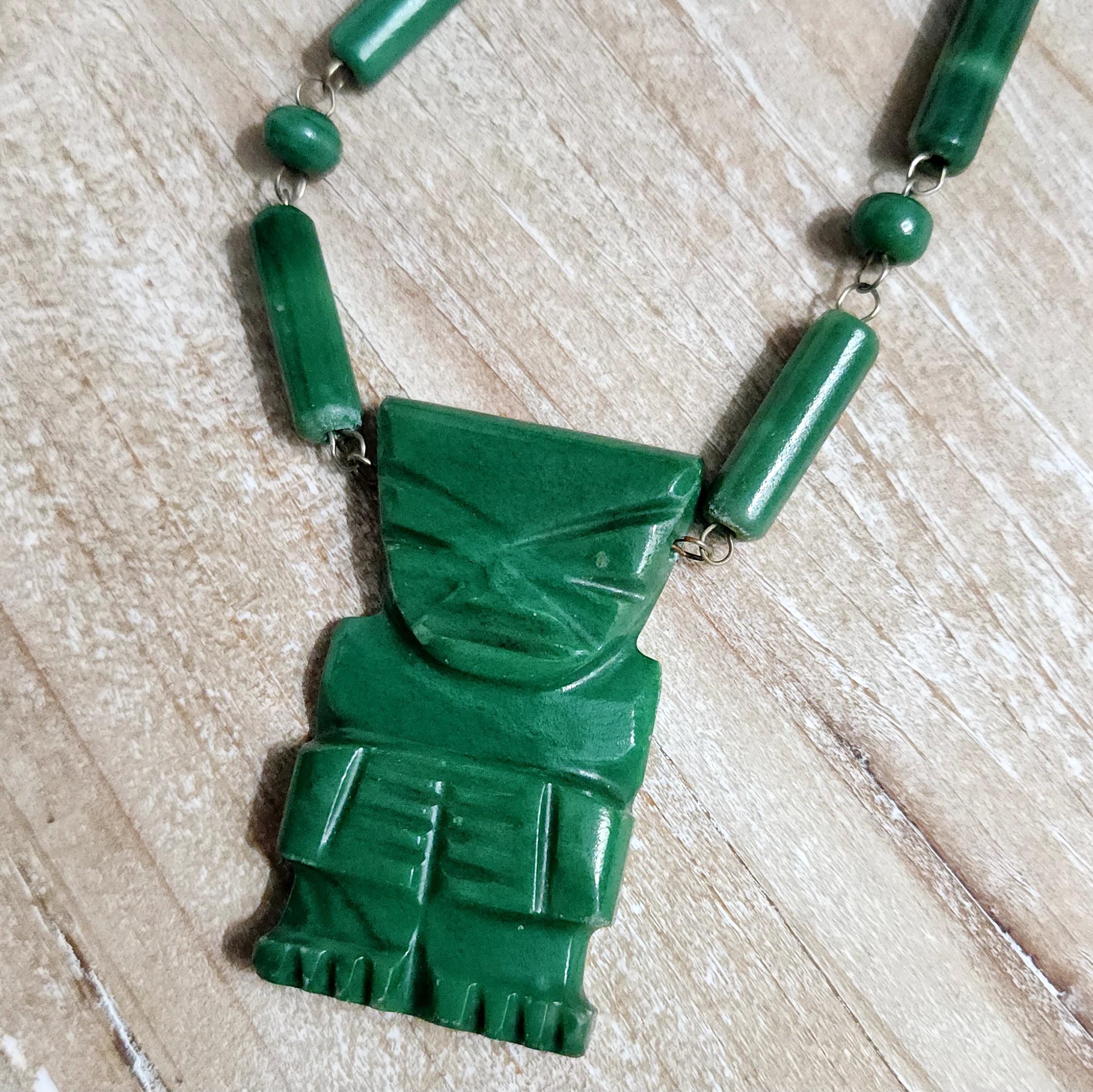 Vintage Green Tiki Pendant Necklace: Mid Century Tribal Bead Jewelry - Etsy