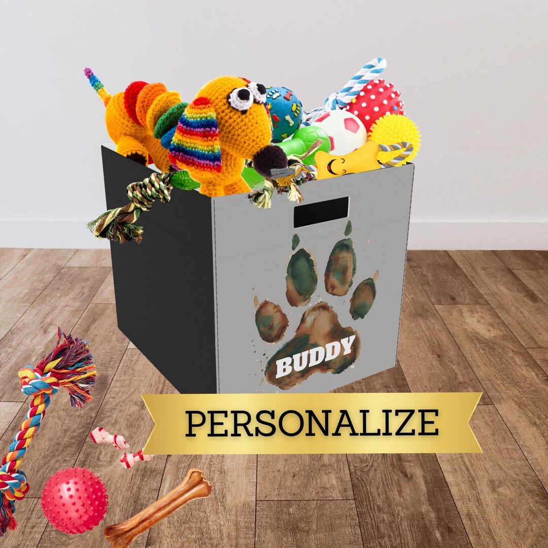 Grey Personalized Dog Toy Storage Box, Camo Watercolor Bin Organizer ...