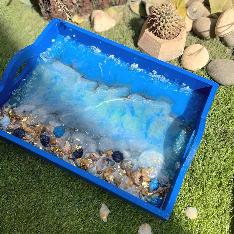 Resin Ocean Wooden Tray With Crystals & Shells, Handmade Beach Decor ...
