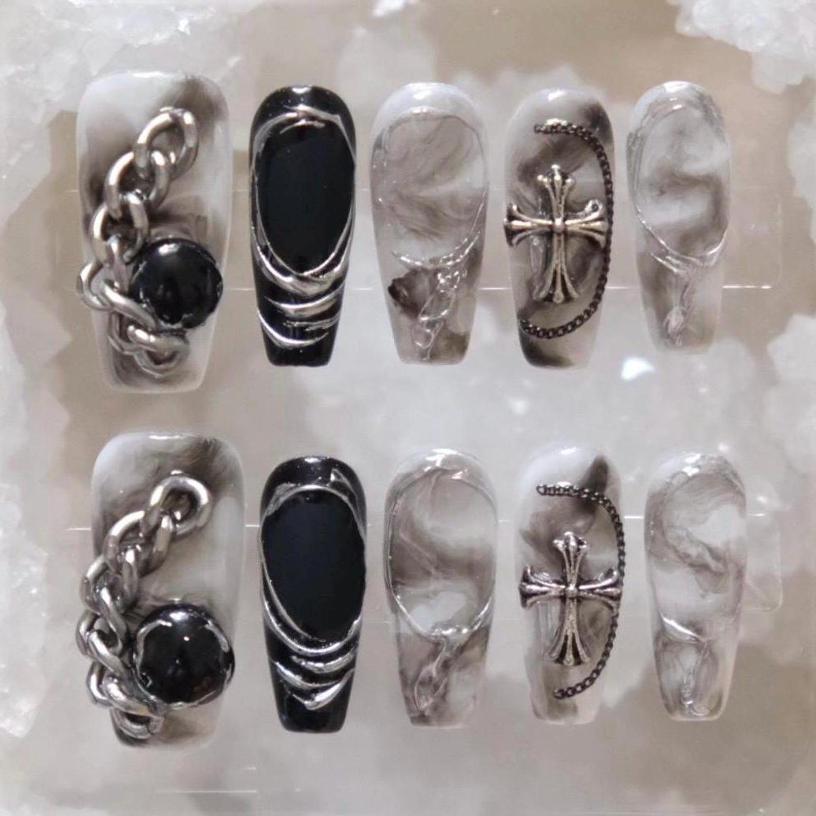 Gothic Black Smoky Marble Press on Nails | Punk Rock Chain Cross Design ...
