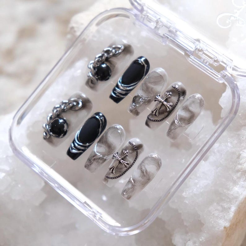 Gothic Black Smoky Marble Press on Nails | Punk Rock Chain Cross Design ...