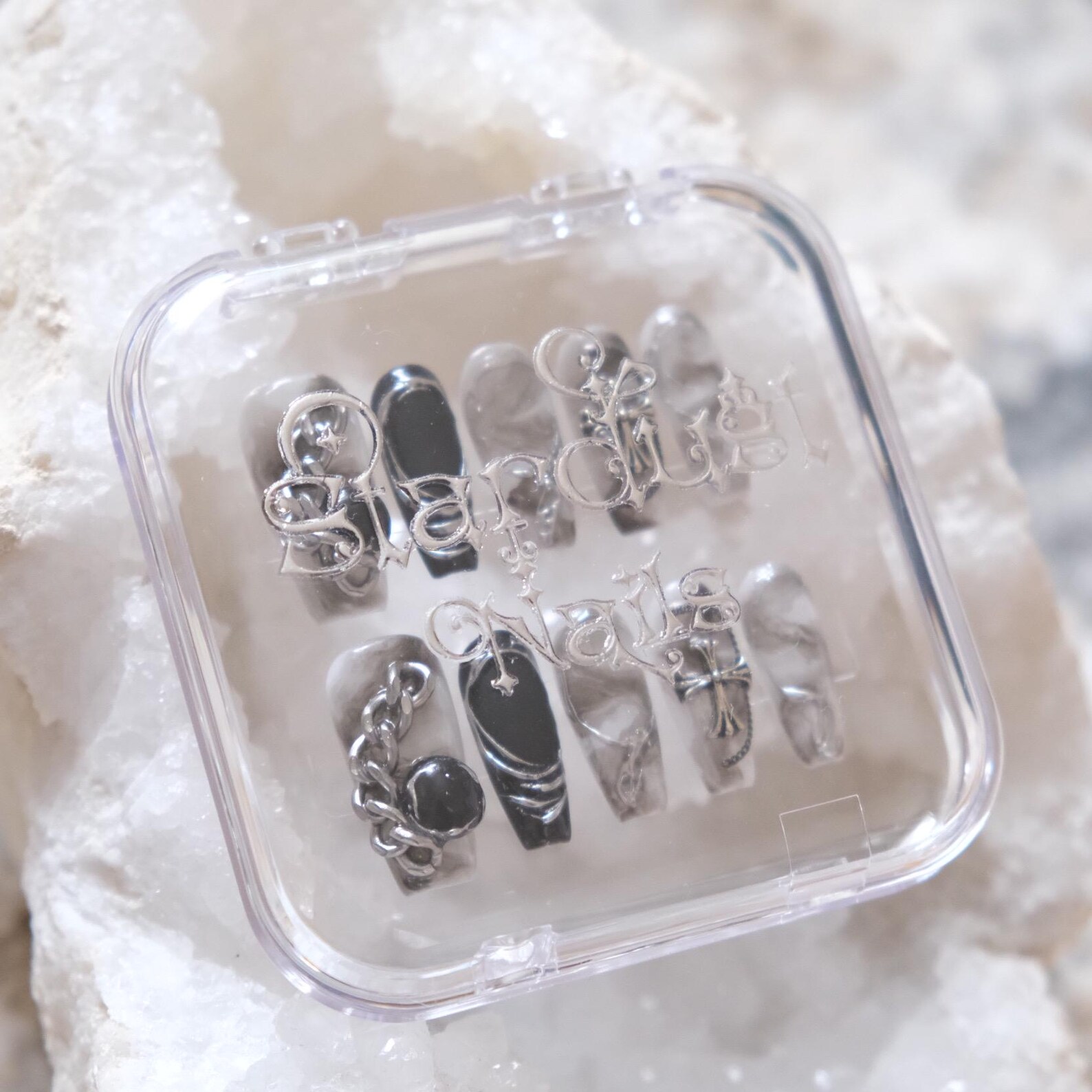 Gothic Black Smoky Marble Press on Nails | Punk Rock Chain Cross Design ...