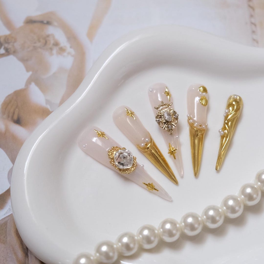 Celestial Goddess Gold Press on Nails | Luxury Golden Star and Jewels ...