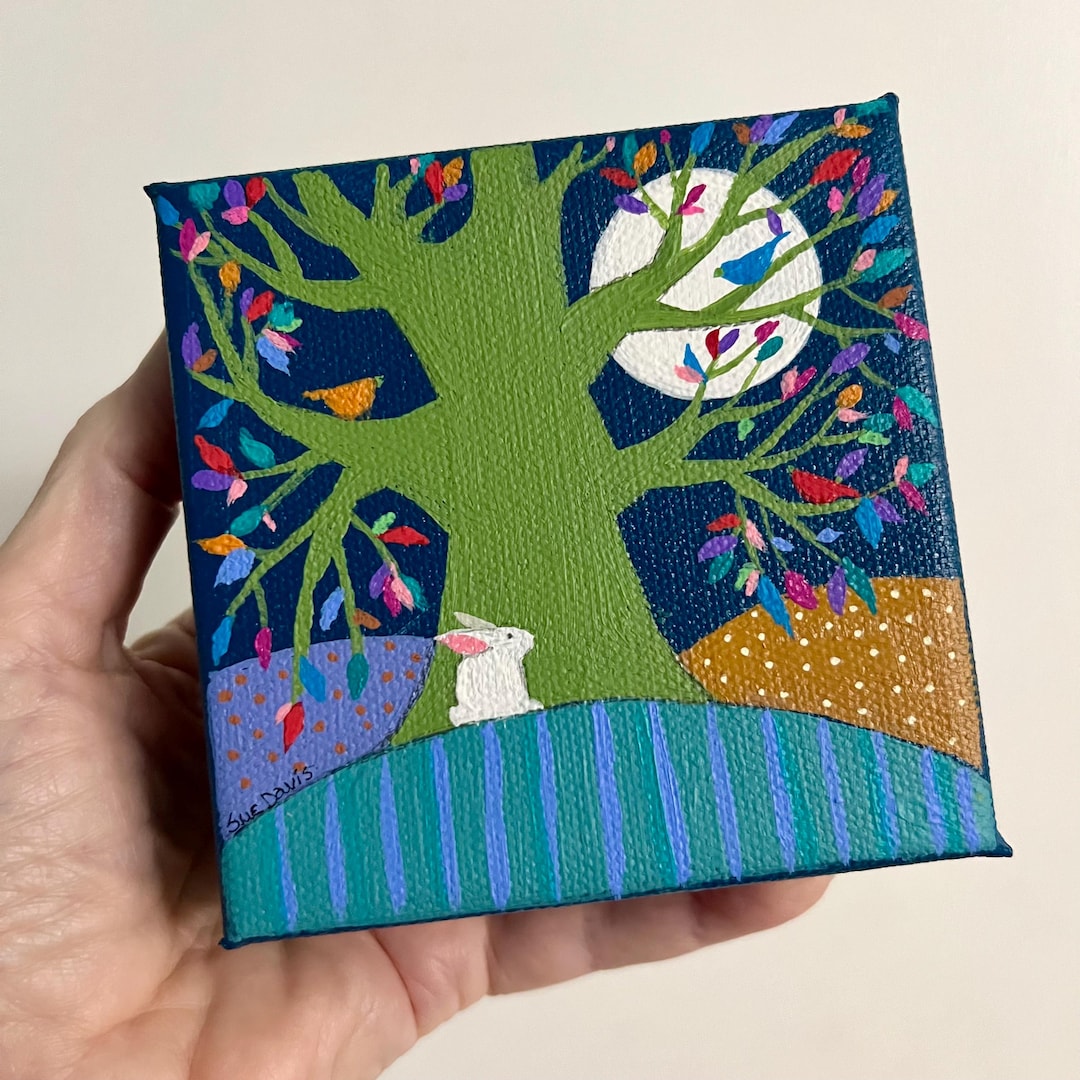Tree and Rabbit, a 4 X 4 Inch Original Painting on Canvas - Etsy