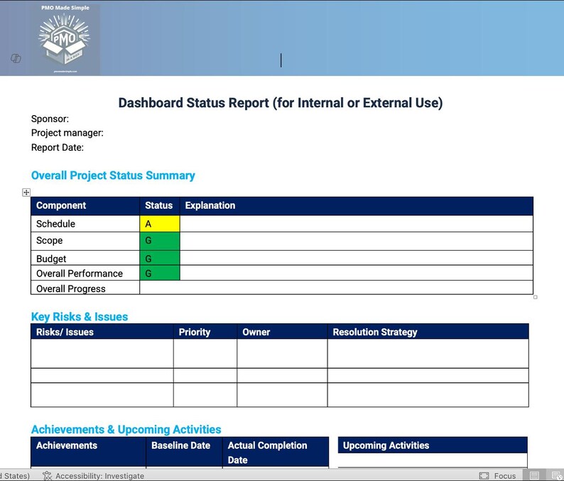 Simple Dashboard Style Project Status Report - Etsy