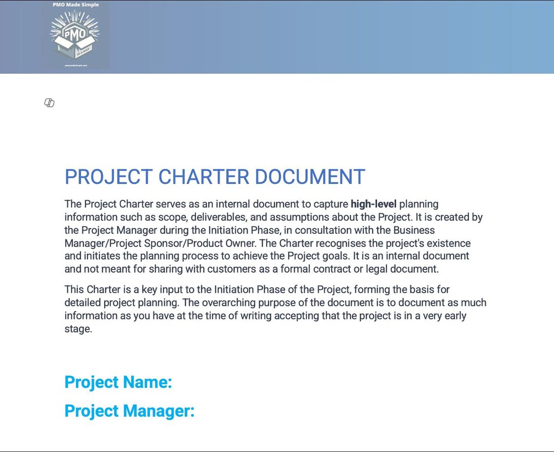 Project Charter Template Etsy