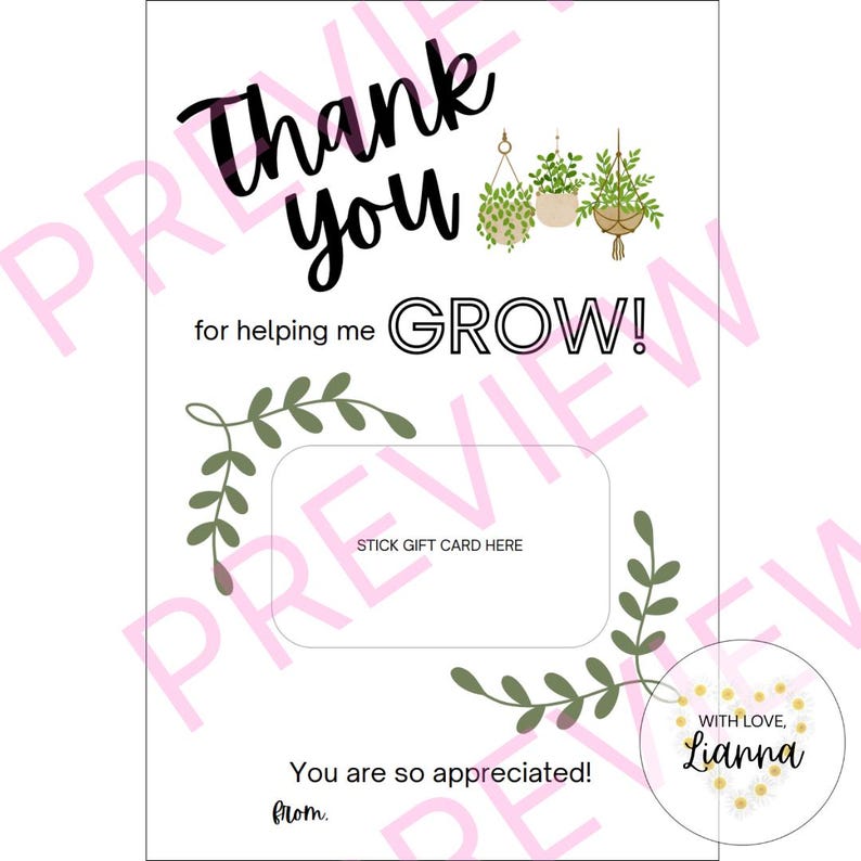 Teacher Appreciation Note - Thank You for Helping Me Grow! - Grow Theme ...