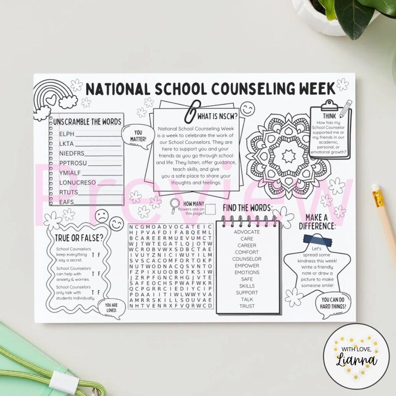 National School Counseling Week (NSCW): Student Activity Sheets - Etsy