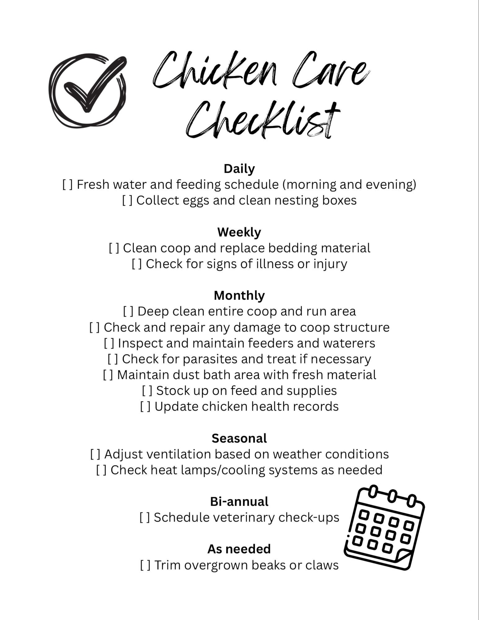 Chicken Care Checklist | Daily Checklist | Weekly Checklist | Monthly ...