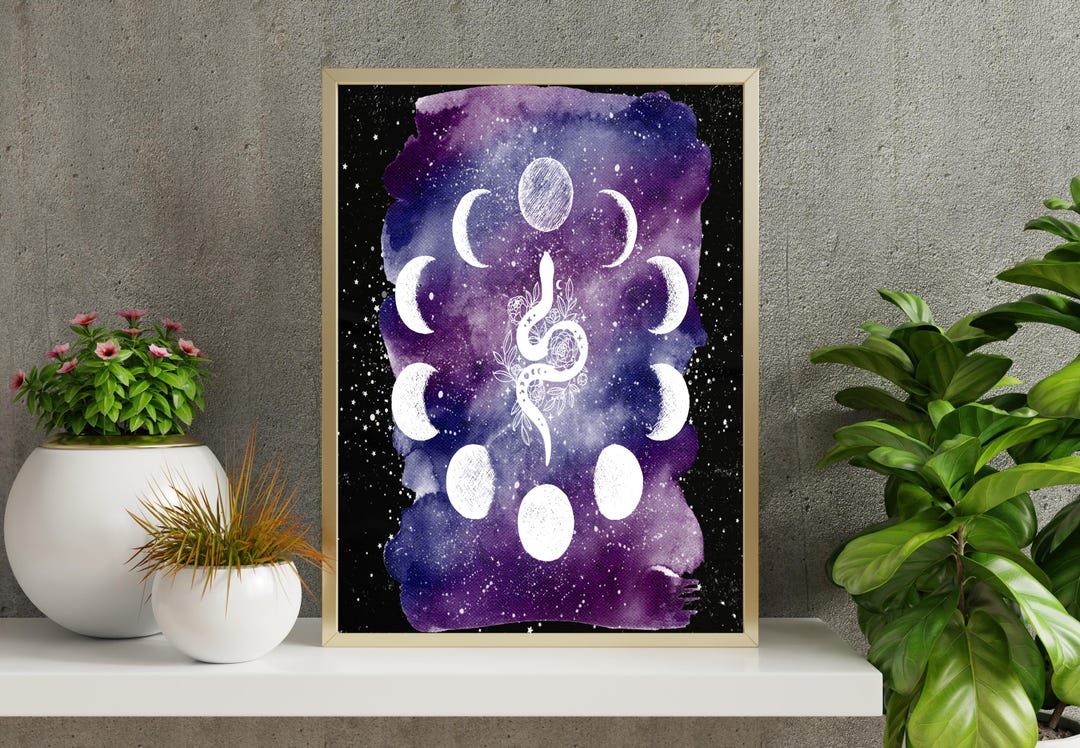 Celestial Snake Moon Phases Art, Mystical Galaxy Poster (digital ...