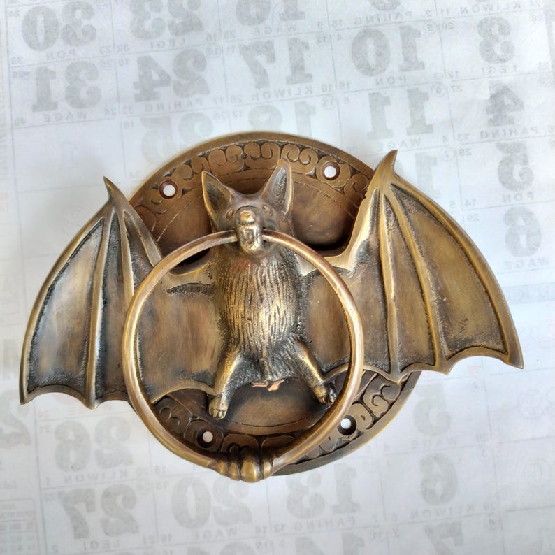 Amazing Solid Brass Door Knocker Bat Wings Ring Heavy 17cm Pull Handle ...