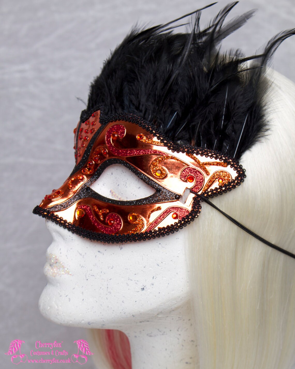 Venetian Mask 'red Fox' Black Masquerade Feather | Etsy