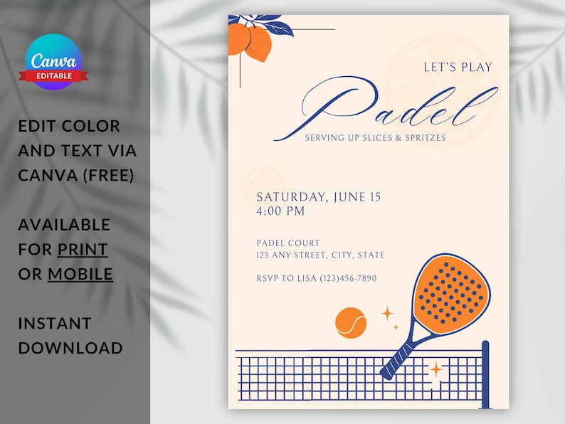 Padel Invitation Template – Editable Canva Design for Summer, Birthday ...