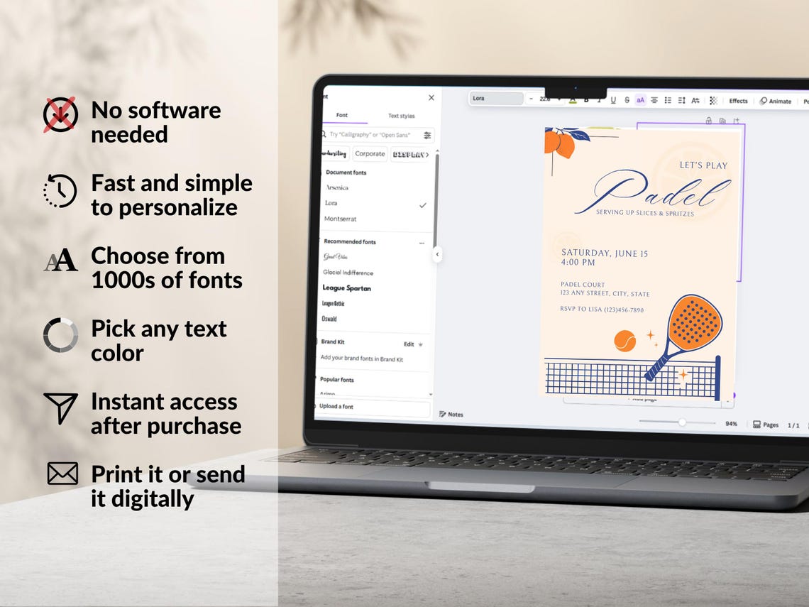Padel Invitation Template – Editable Canva Design for Summer, Birthday ...