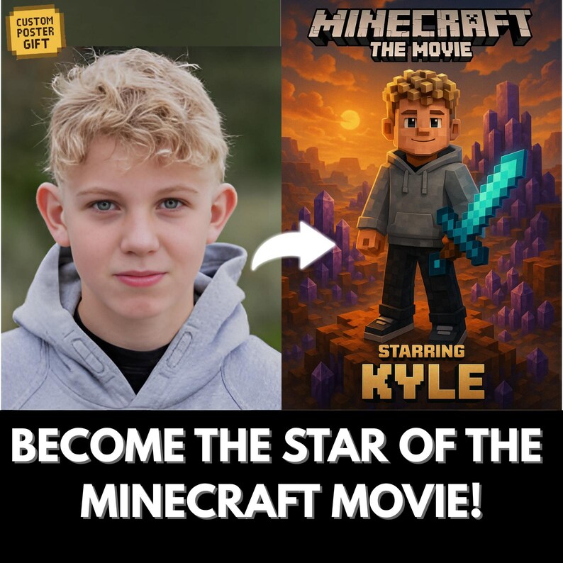 Custom Minecraft Movie Poster From Photo | Personalized Pixel Art Gift ...
