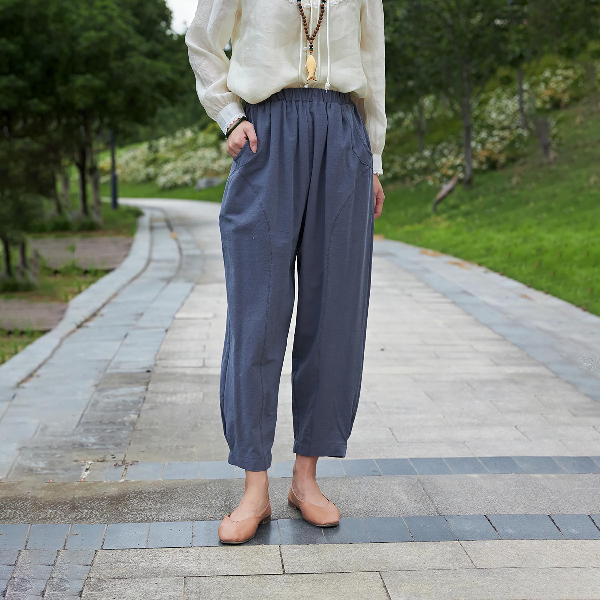 Summer Women Elastic Waist Cotton Pants Soft Casual Loose Boho Trousers ...