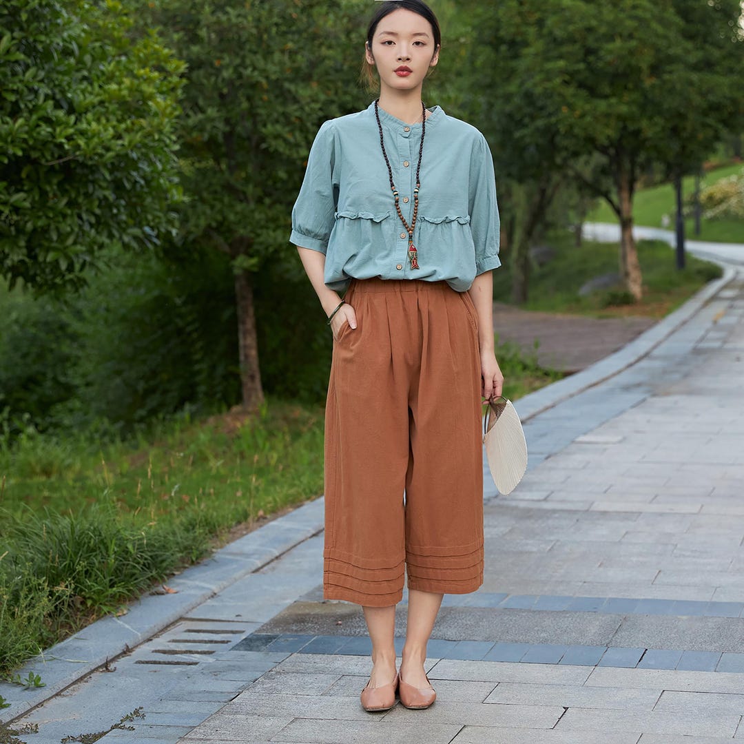 Summer Women Elastic Waist Cotton Pants Cropped Pants Soft Casual Loose ...