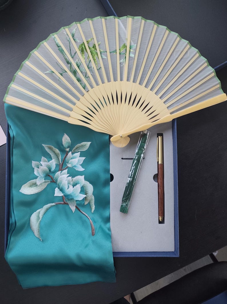Handmade Suzhou Silk Embroidery Gift Set: Scarf, Fan & Pen - Etsy