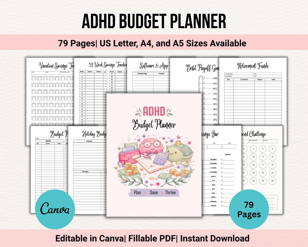 ADHD Budget Planner, Finance Planner Bundle, Savings Tracker, Editable ...