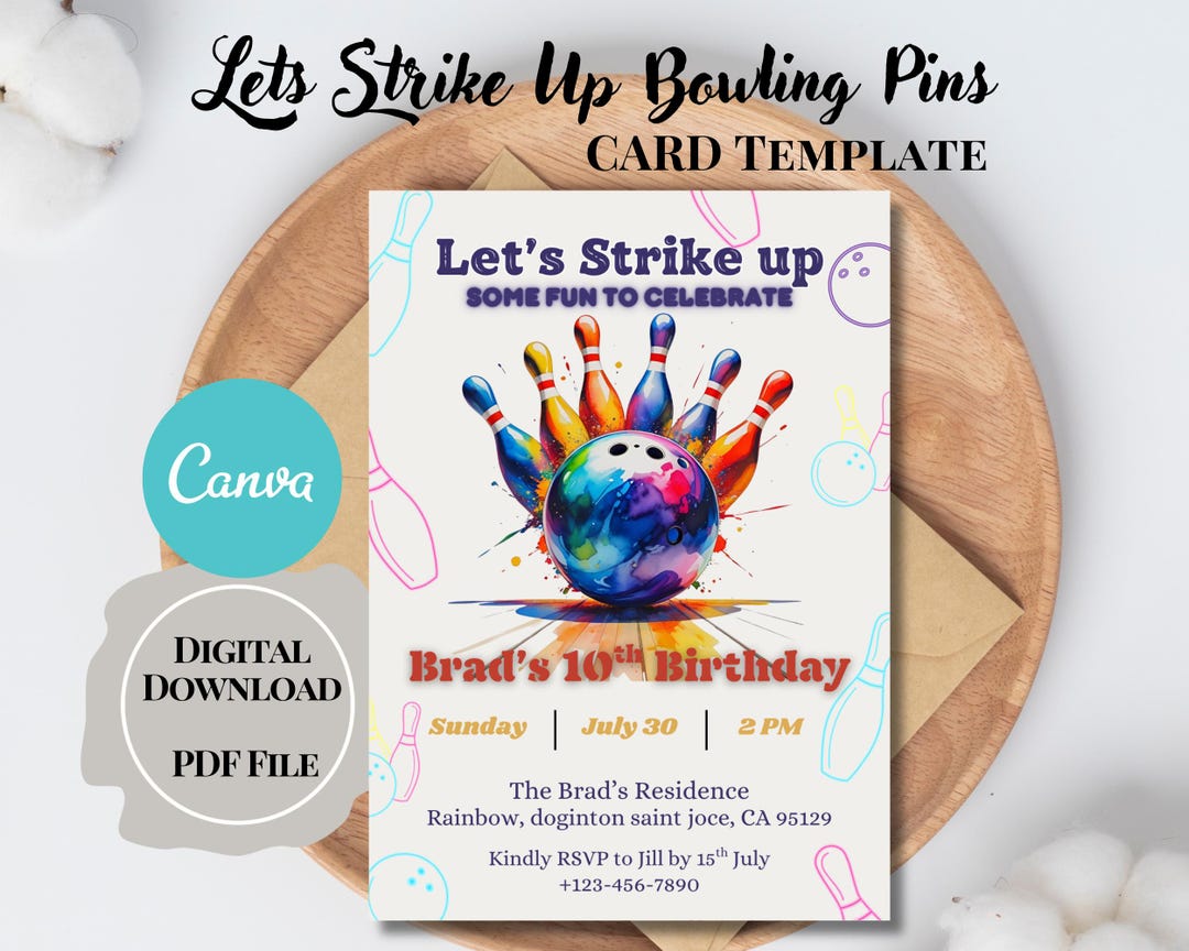 Editable Bowling Pins Birthday Party Invite Template| Kids Bowling ...