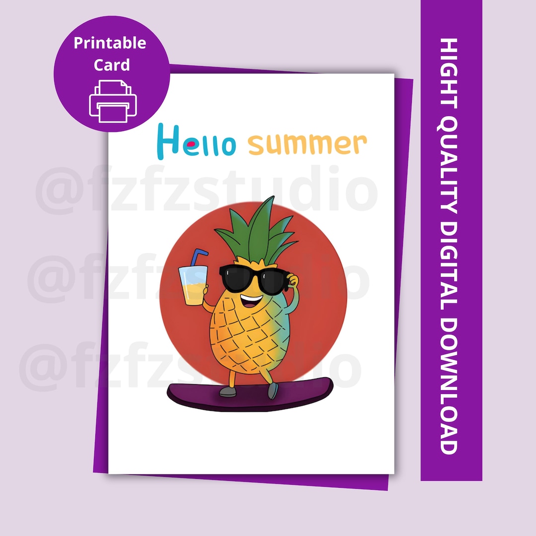 Kawaii Pineapple Card: Tropical Summer Printable (5x7 Digital Download ...
