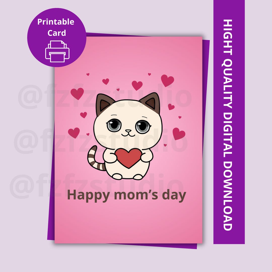 Printable Mother’s Day Card - Cute Cat Holding Heart - Instant Download ...