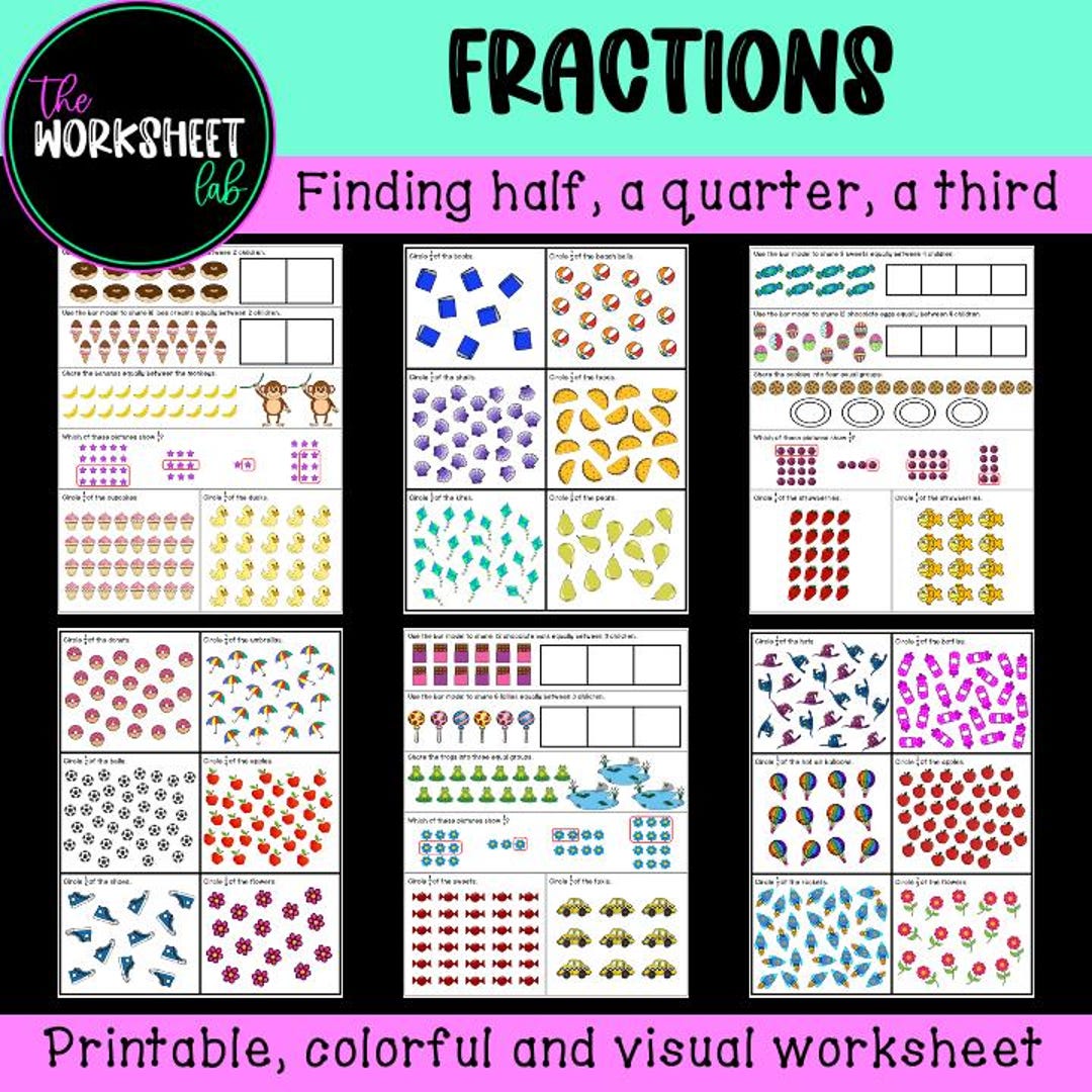 Fractions - Finding Half, a Quarter and a Third Worksheets COLOUR - Etsy