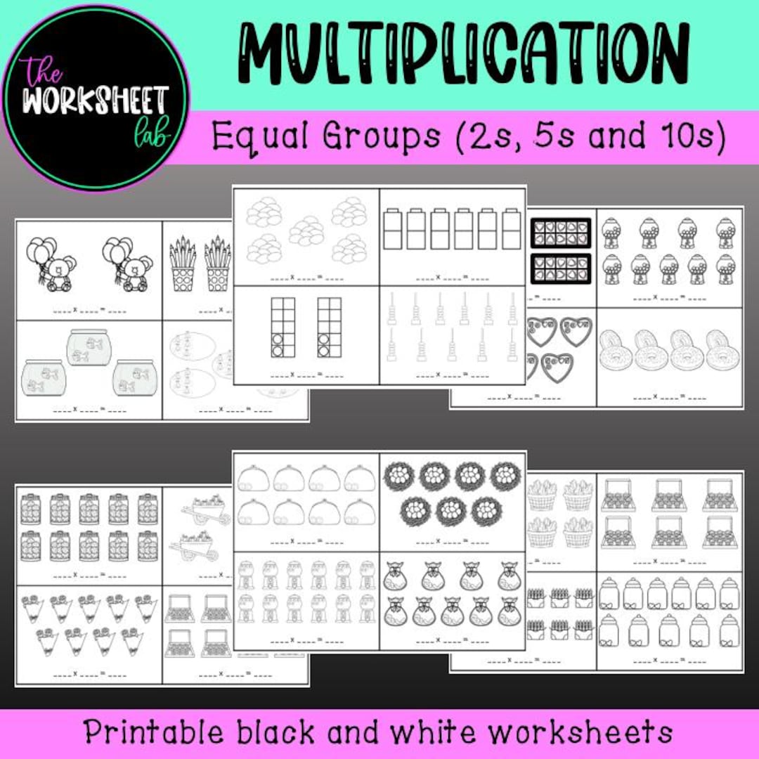 Multiplication - Equal Groups (by 2s, 5s and 10s) Worksheets B&W - Etsy