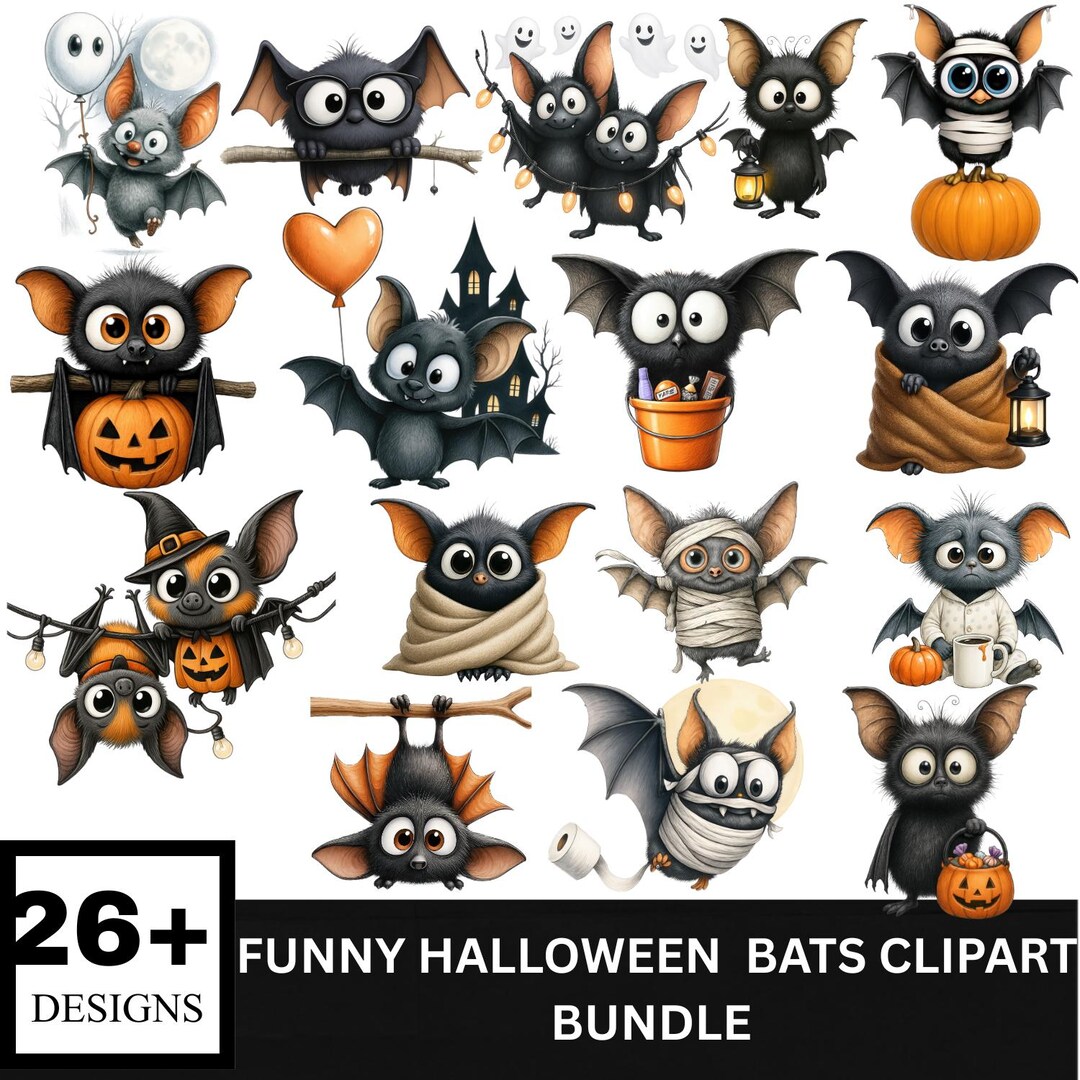 Funny Bat Clipart Bundle: Spooky Halloween PNG Graphics (digital ...