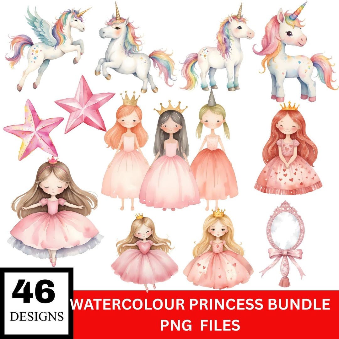 Rainbow Unicorn Watercolor Clipart Set: Princess Castle Graphics (PNG ...