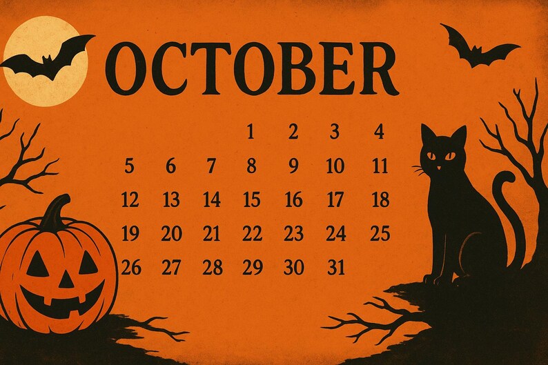 Spooky Halloween Calendar: Black Cat & Pumpkin Printable Wall Art ...