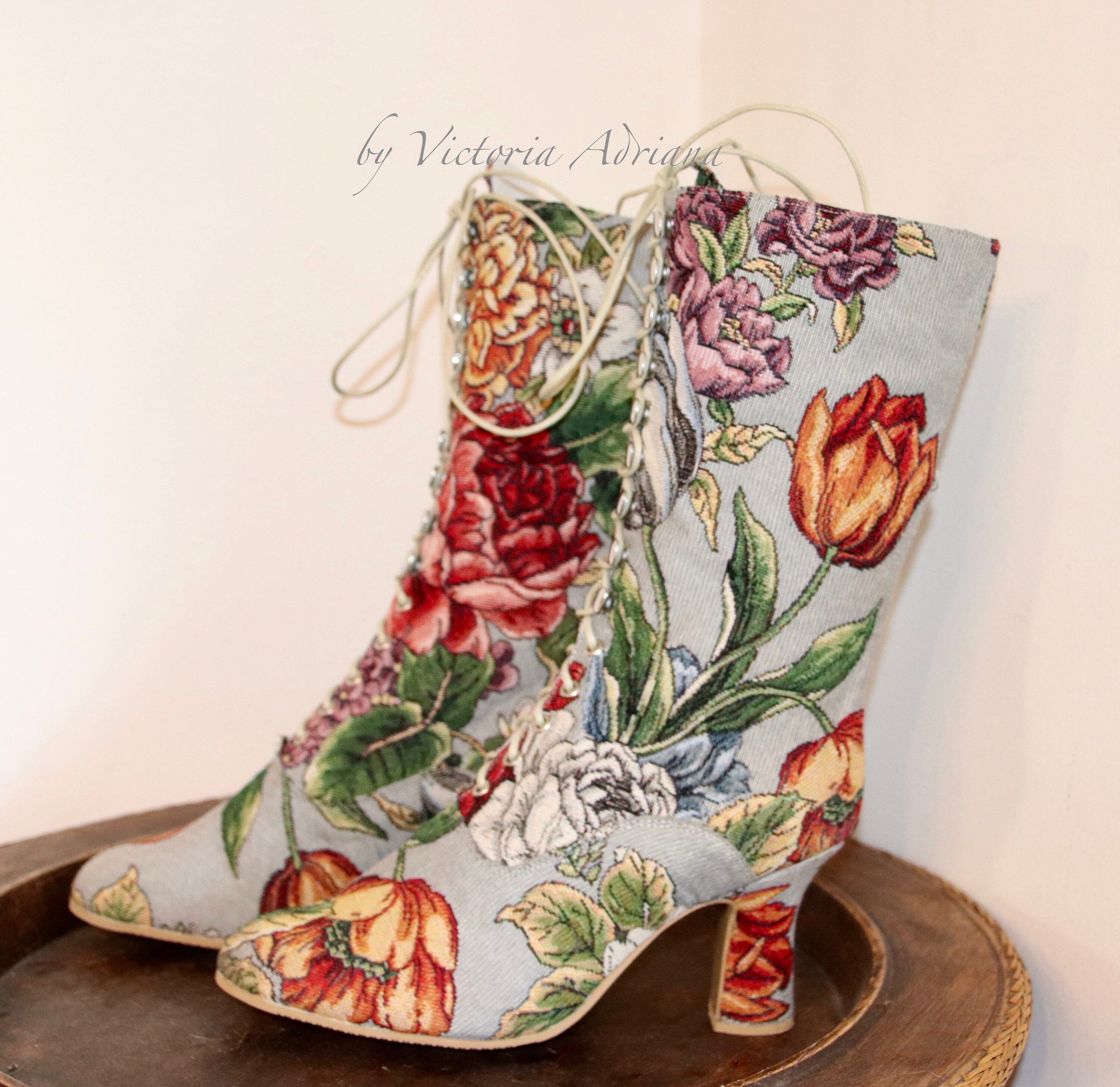 Flower Brocade Boots , Baroque Boots , Rococo Boots , Ankle Lace up ...
