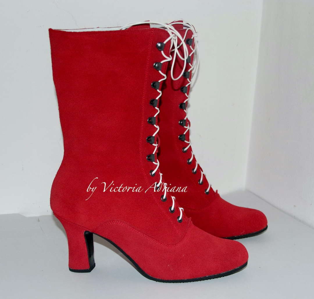 Red Suede Leather Boots , Red Leather Shoes , Red Victorian Boots , Red ...