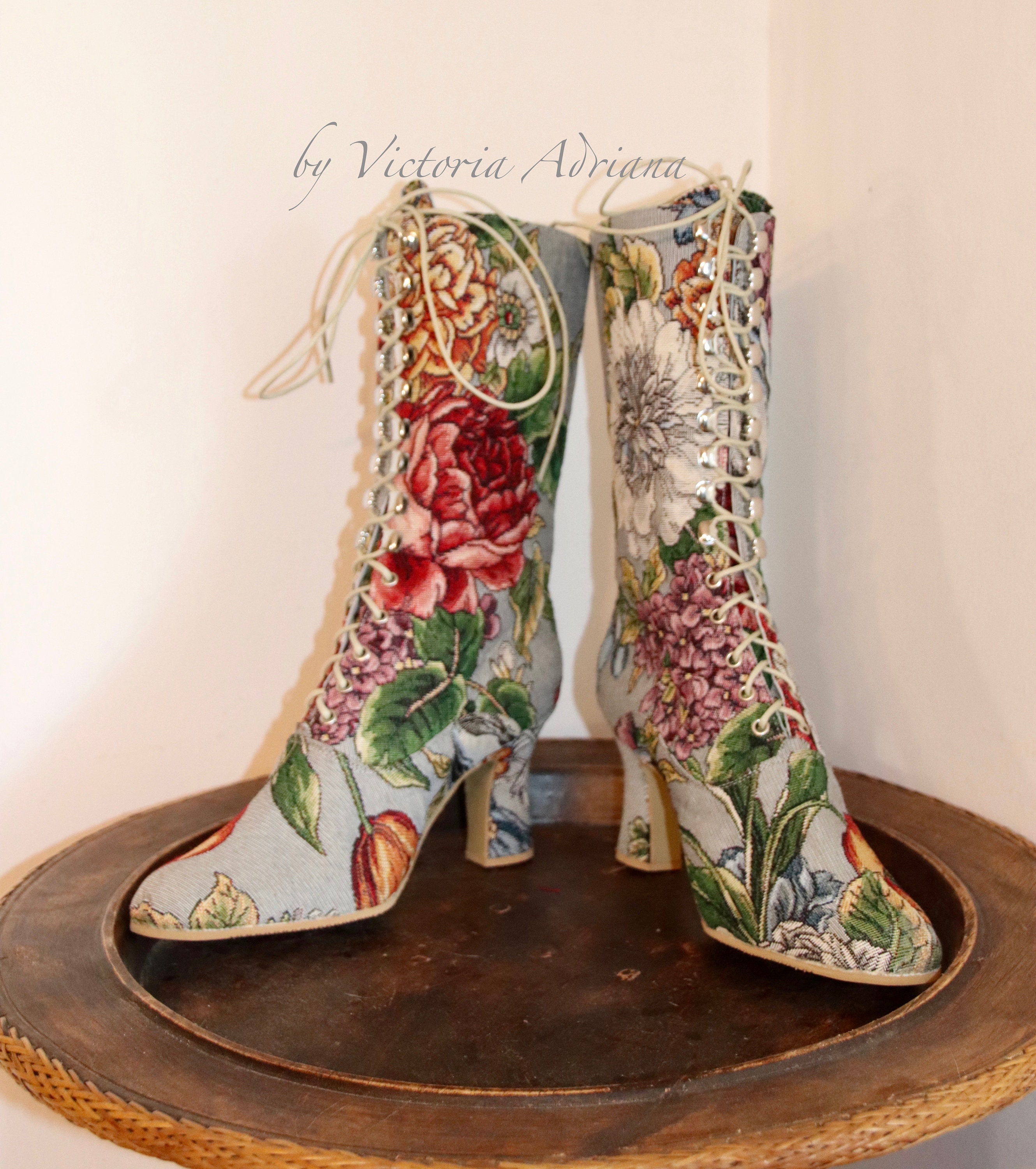 Flower Brocade Boots , Baroque Boots , Rococo Boots , Ankle Lace up ...