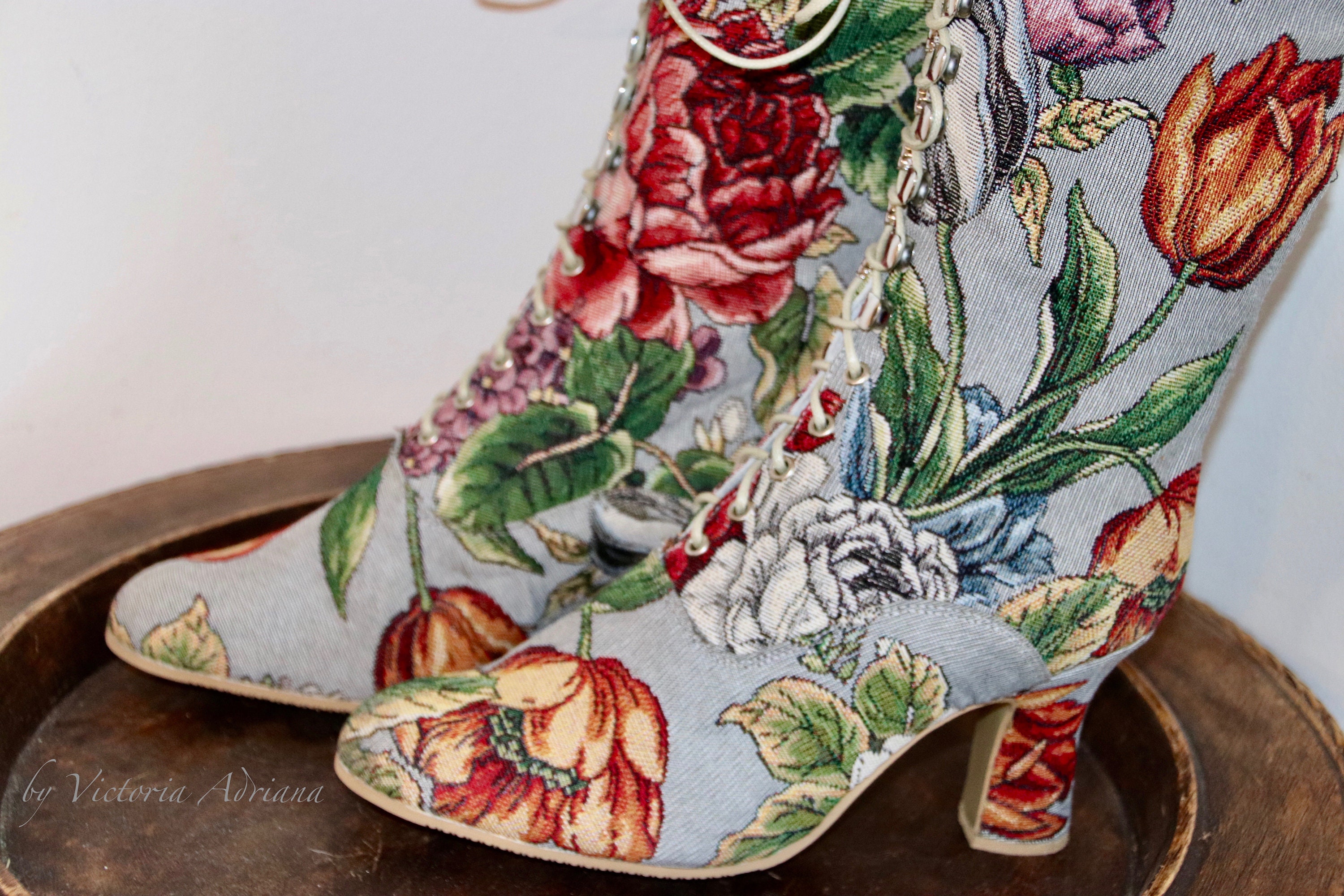 Flower Brocade Boots , Baroque Boots , Rococo Boots , Ankle Lace up ...