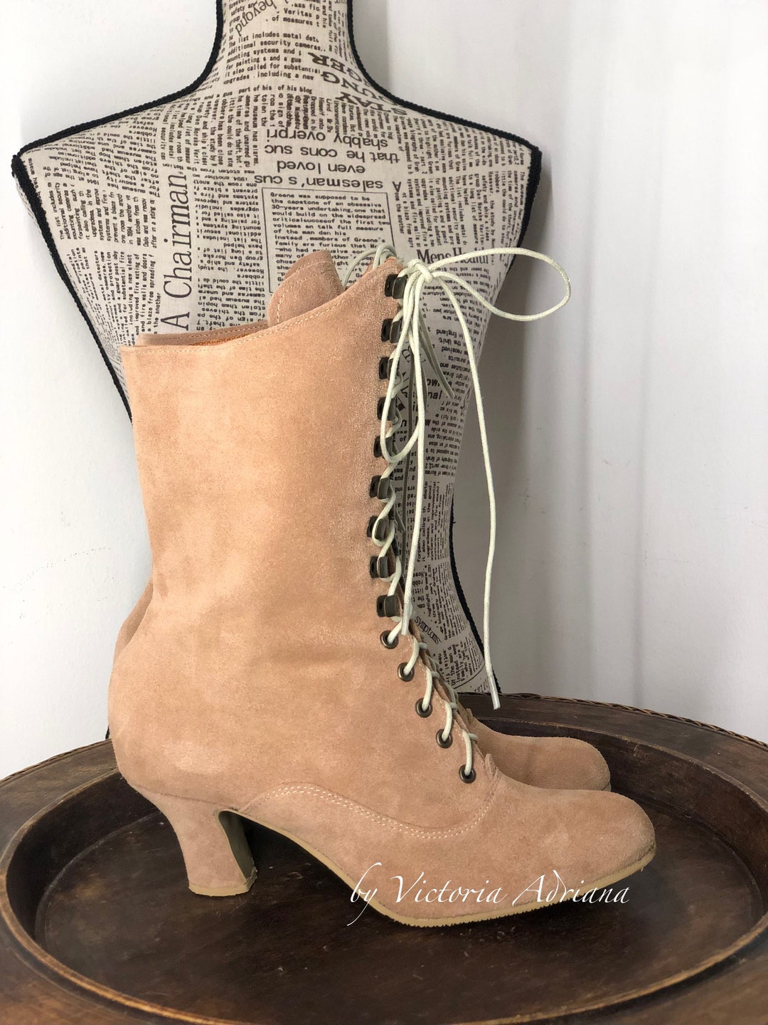 Retro Boots Victorian Boots Light Peach Boots Suede Leather Boots Lace ...