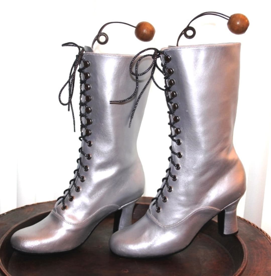 Silver Metallic Leather Silver Boots Silver Wedding Boots Victorian ...