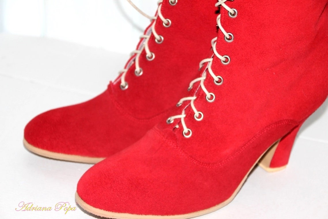 Red leather Red Boots Red Victorian Boots Red Retro Boots Red | Etsy
