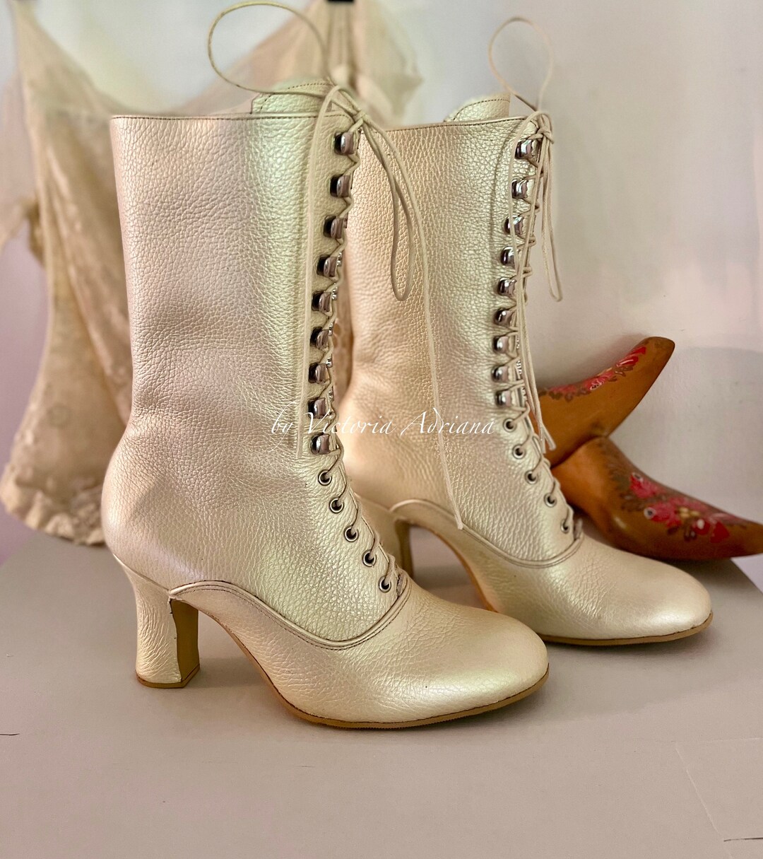 Pearly Leather Boots Pearly Ivory Boots Ivory Shoes White Victorian ...