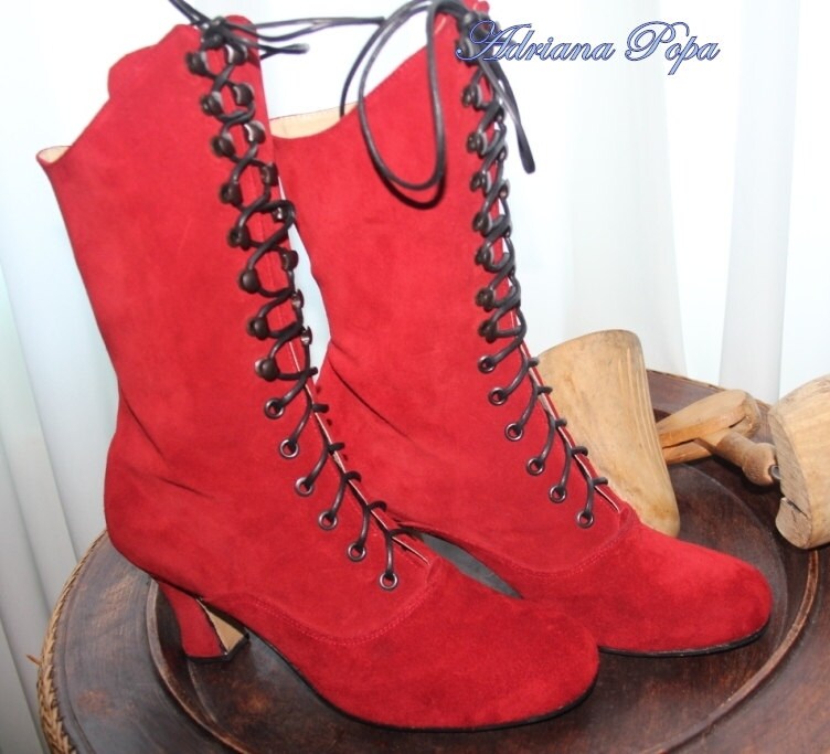 Red Suede Leather Boots Victorian Boots Red Lace up Boots Red - Etsy