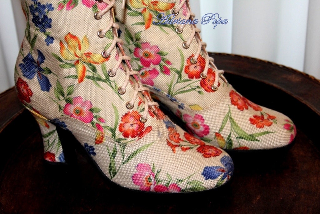 Eco Fabric Boots Victorian Boots Flower Eco Leather Boots Lace - Etsy