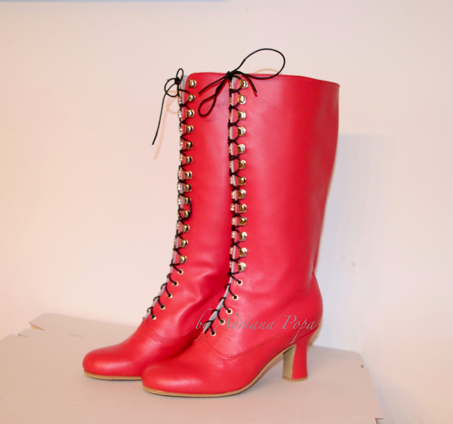 Coral Red Leather Boots Knee High Boots Victorian Boots Coral - Etsy