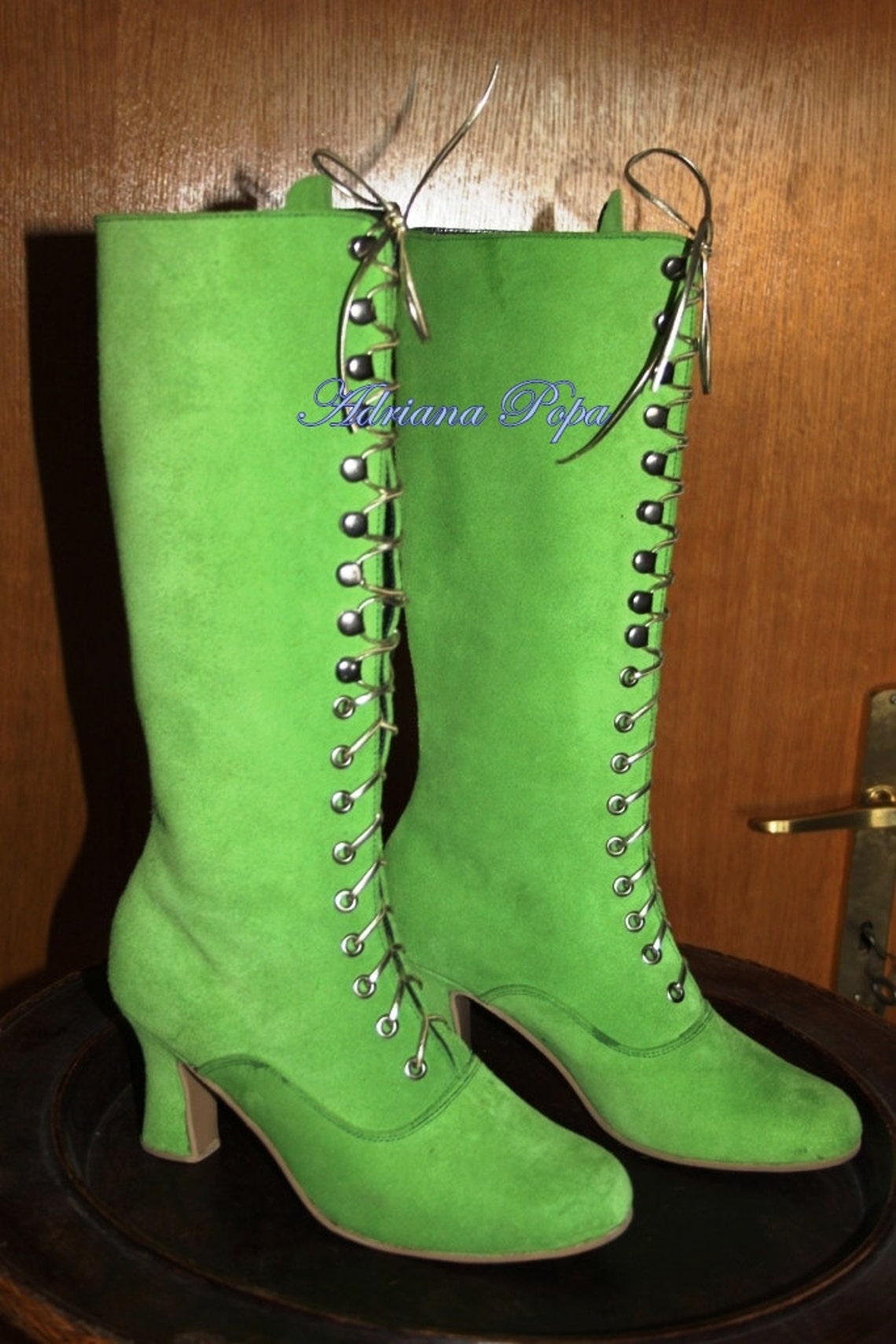 Knee High Boots Acid Green Boots Green Leather Boots Victorian | Etsy
