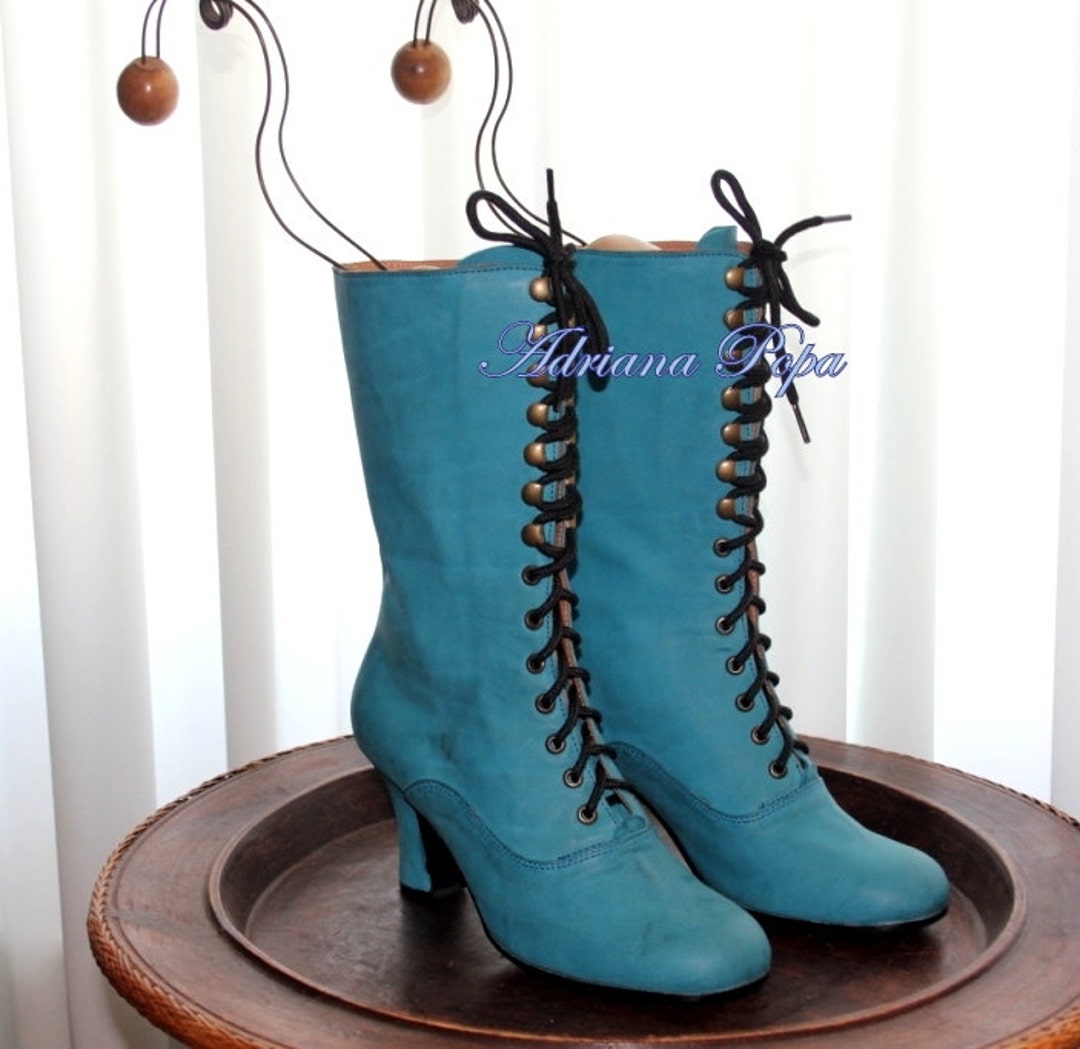 Turquoise Leather Boots , Victorian Boots , Green Boots , Edwardian ...