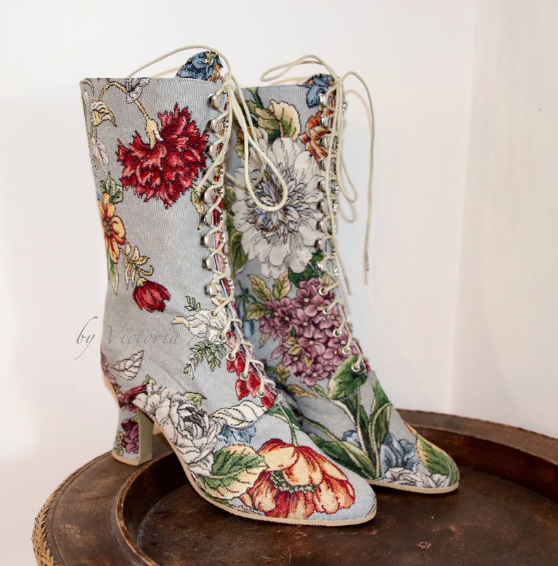 Flower Brocade Boots , Baroque Boots , Rococo Boots , Ankle Lace up ...