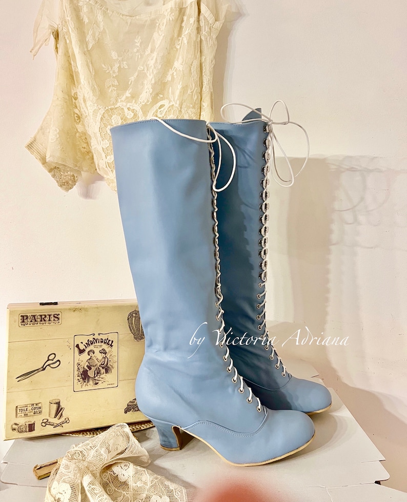 Knee High Boots , Blue Leather Boots , Victorian Boots , Lace up Boots ...