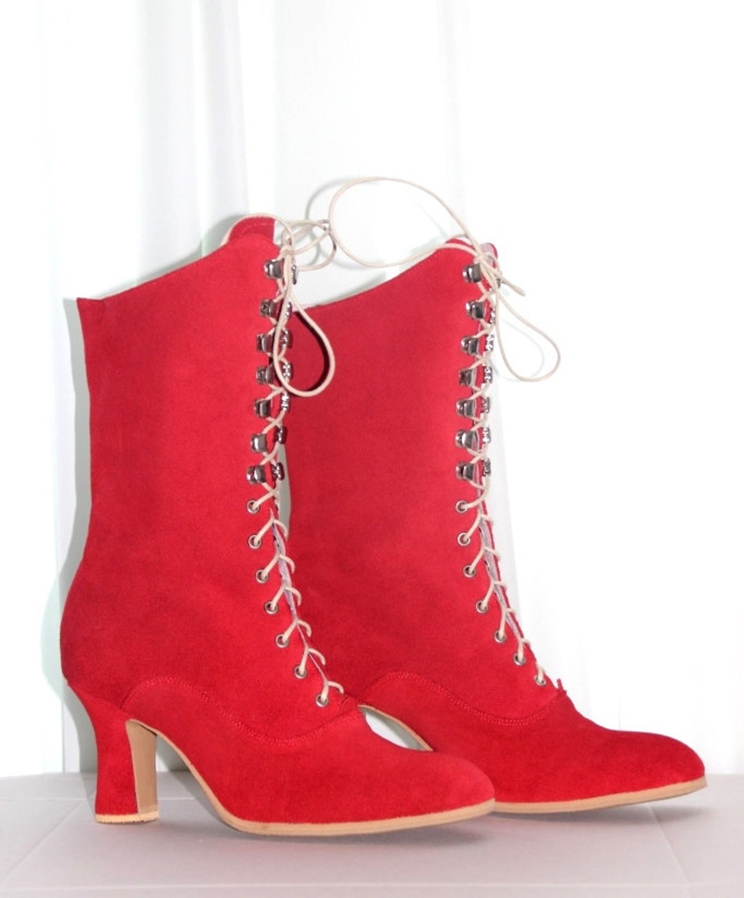 Shinny Red Boots , Suede Leather Boots , Red Victorian Boots , Red ...