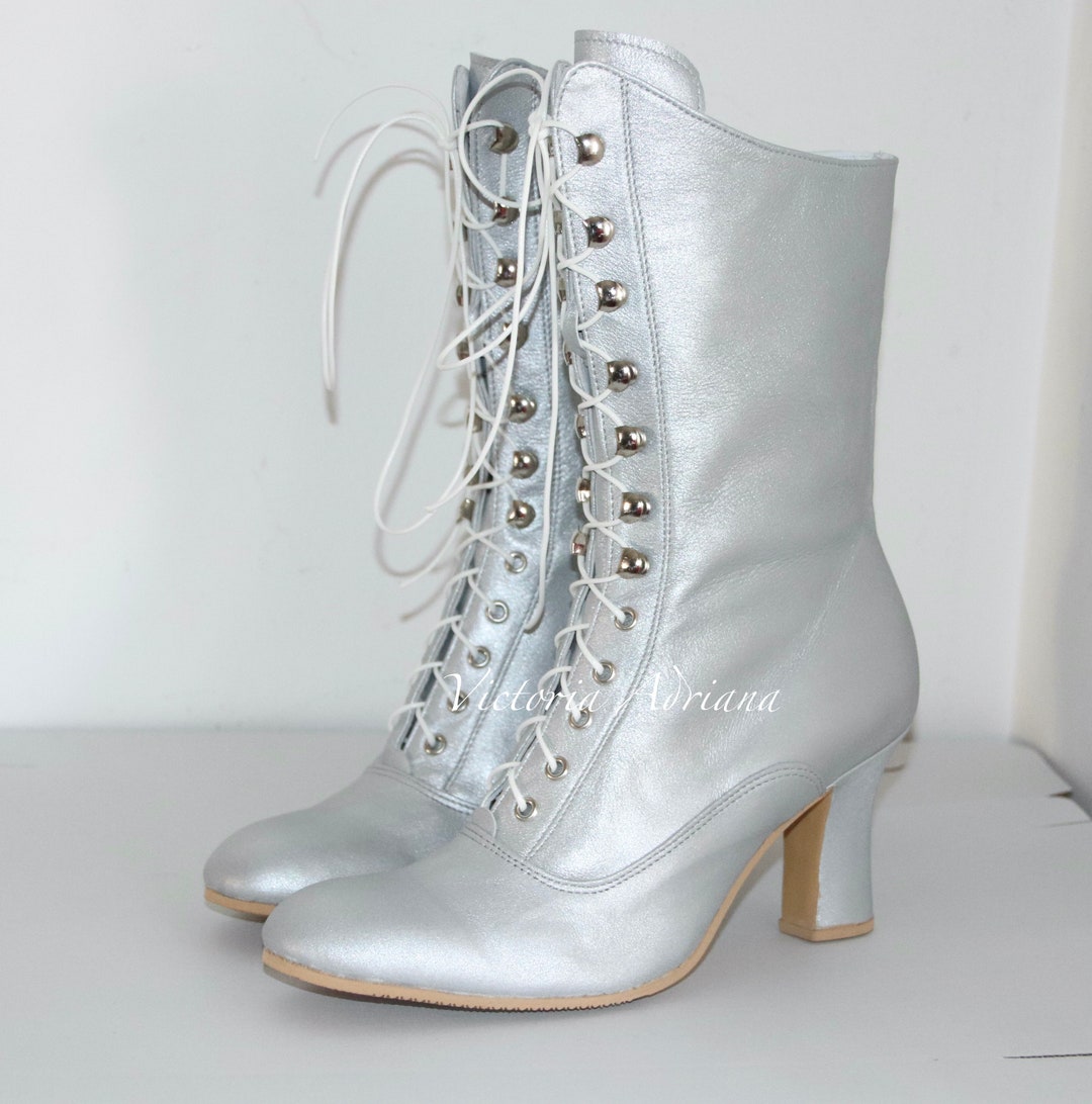 Victorian Boots , Light Optic Silver Metallic Leather Boots , Wedding ...