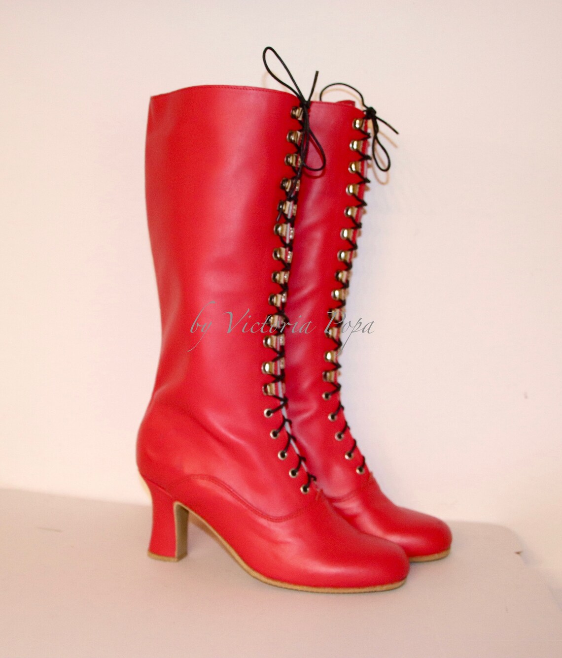Coral Red Leather Boots Knee High Boots Victorian Boots Coral - Etsy